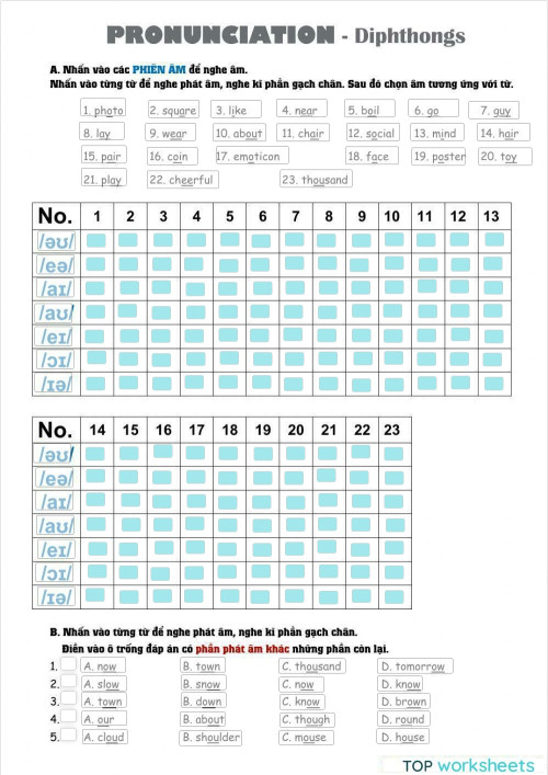 Pronunciation - Diphthongs. Interactive worksheet | TopWorksheets