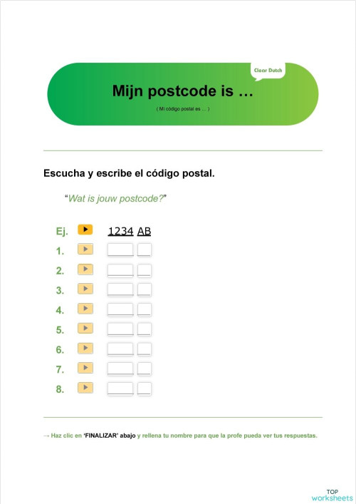 Mijn postcode is .. (nummers + spellen). Ficha interactiva | TopWorksheets