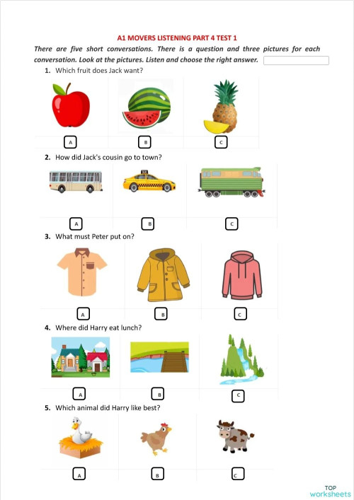 A1 Movers Listening Part 4 Test 1. Interactive worksheet | TopWorksheets