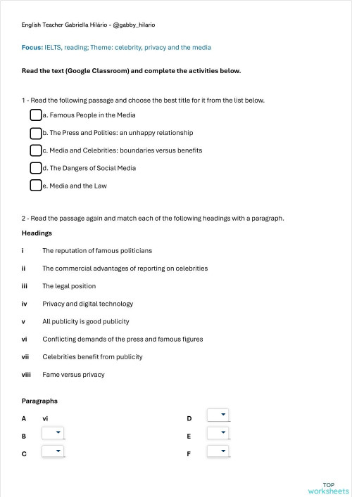 Reading for IELTS 1 - Lesson 1.1. Interactive worksheet | TopWorksheets