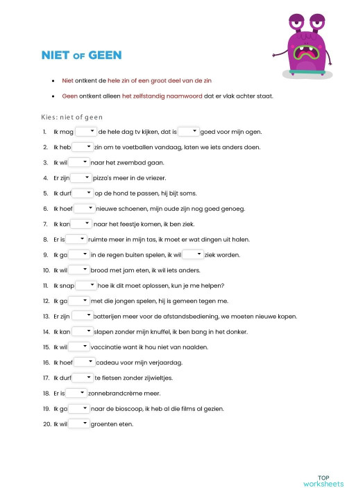 Niet of geen - 01. Interactive worksheet | TopWorksheets