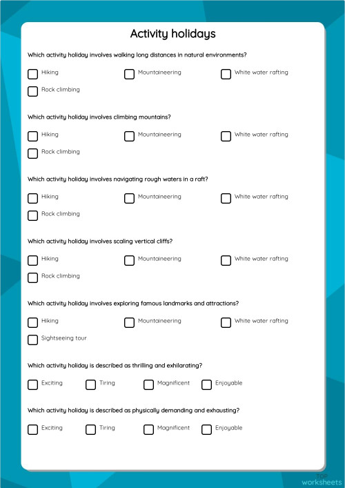 Activity holidays. Interactive worksheet | TopWorksheets