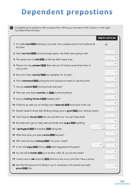 Dependent prepositions intermediate. Interactive worksheet | TopWorksheets