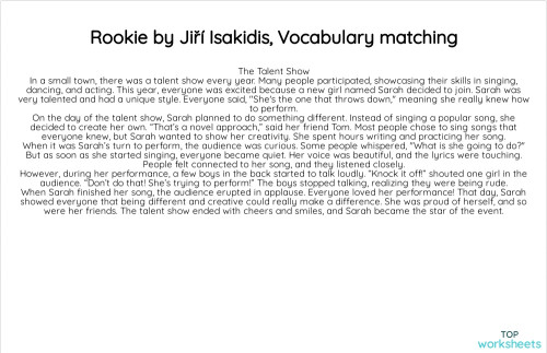 Rookie by Jiří Isakidis, Vocabulary matching. Interactive worksheet ...