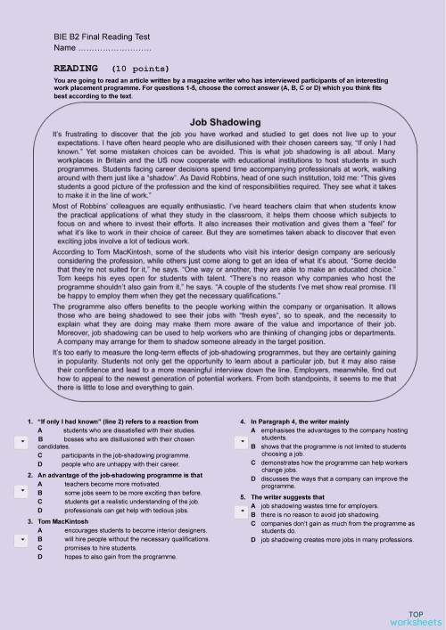 BIE B2 Final Reading Test. Interactive worksheet | TopWorksheets