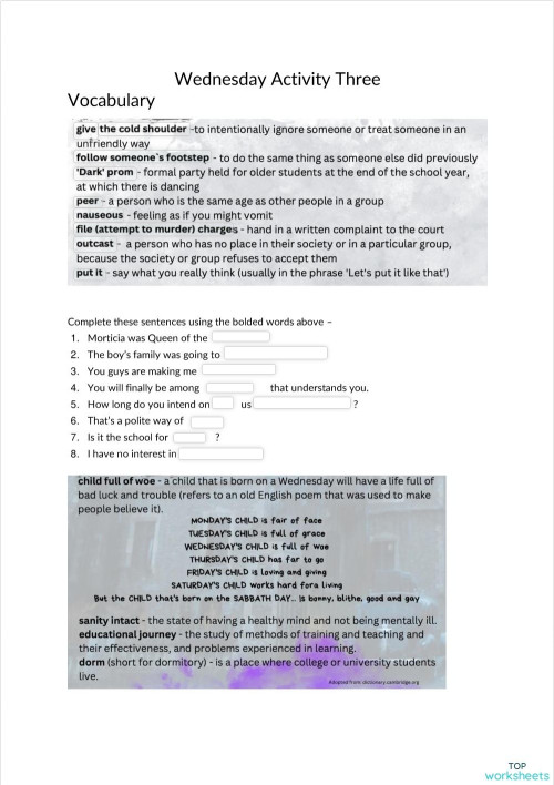 Wednesday Activity Three. Interactive worksheet | TopWorksheets