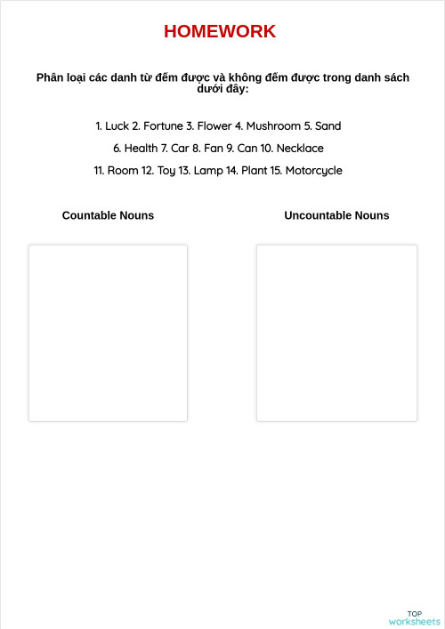 Homework: countable and uncountable nouns. Interactive worksheet ...