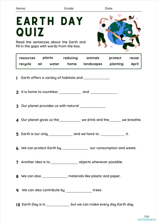 Earth Day Quiz Fill in the Gaps Activity Worksheet In Colorful Simple ...