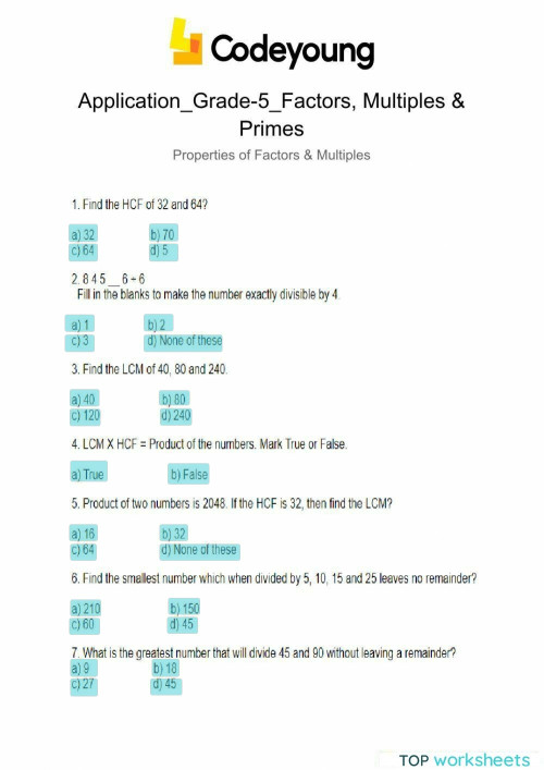 Application-Properties of Factors & Multiples. Interactive worksheet ...