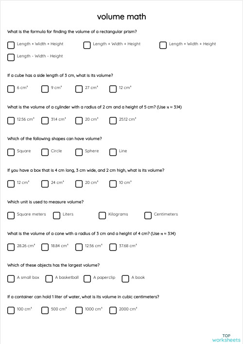 volume math. Interactive worksheet | TopWorksheets