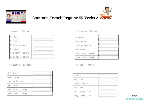 Common French Regular ER Verbs 2. Interactive worksheet | TopWorksheets