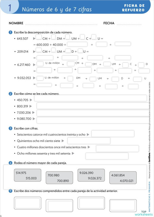 Números de 6 y 7 cifras. Ficha interactiva | TopWorksheets