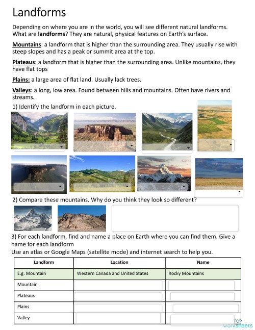 Landforms Worksheet. Interactive worksheet | TopWorksheets