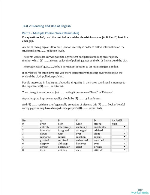 B2 FirstForSchools 4. Test2 Reading Part 2. Interactive worksheet ...