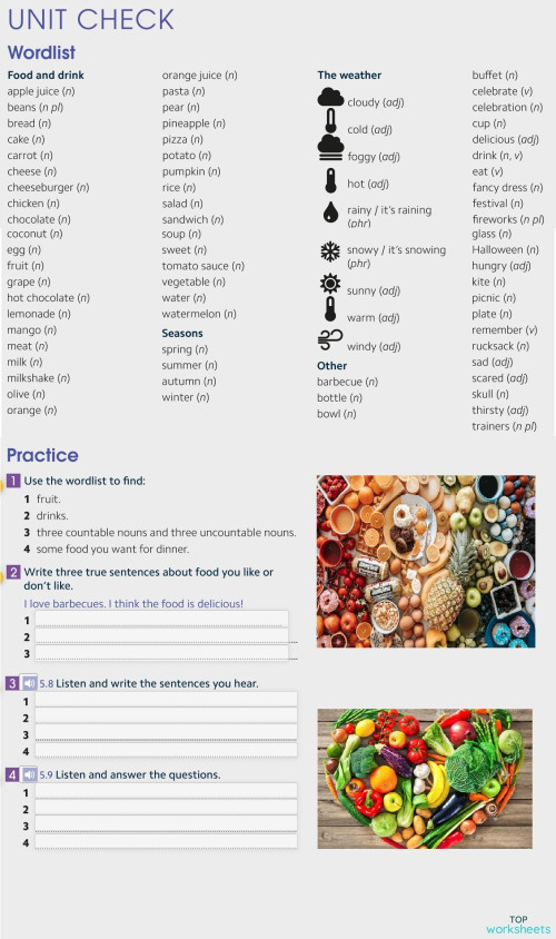 Unit check vocabulary - fun with food. Interactive worksheet | TopWorksheets