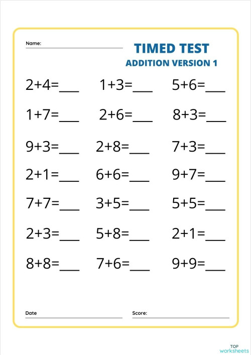 Addition Timed Test Worksheet ใบงานเชิงโต้ตอบ | TopWorksheets