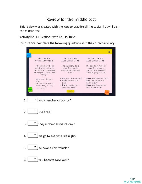 Review for the middle test-intermediate 2. Interactive worksheet ...