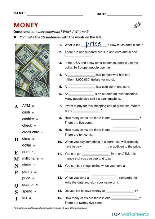 Money Vocabulary. Interactive worksheet | TopWorksheets