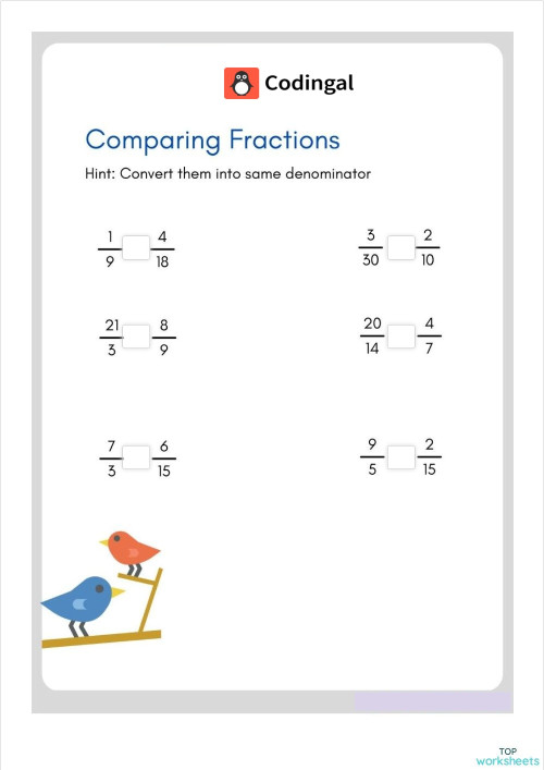 M_G06T03_WC05_Comparing Fractions. Interactive worksheet | TopWorksheets