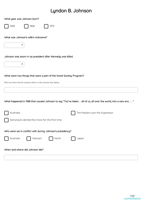 Lyndon B. Johnson. Interactive worksheet | TopWorksheets