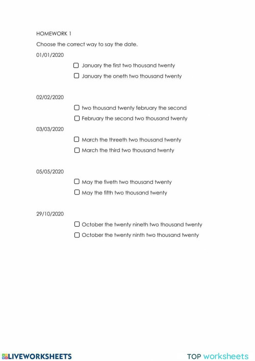Homework1 say the date. Interactive worksheet | TopWorksheets