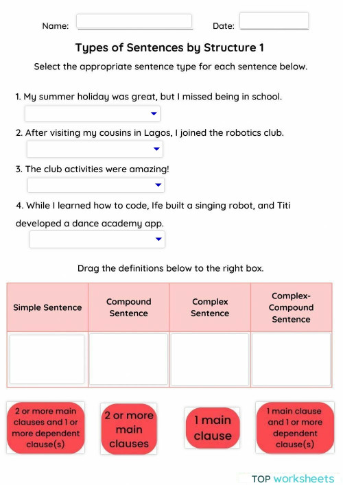 Types of Sentences by Structure 1. Interactive worksheet | TopWorksheets