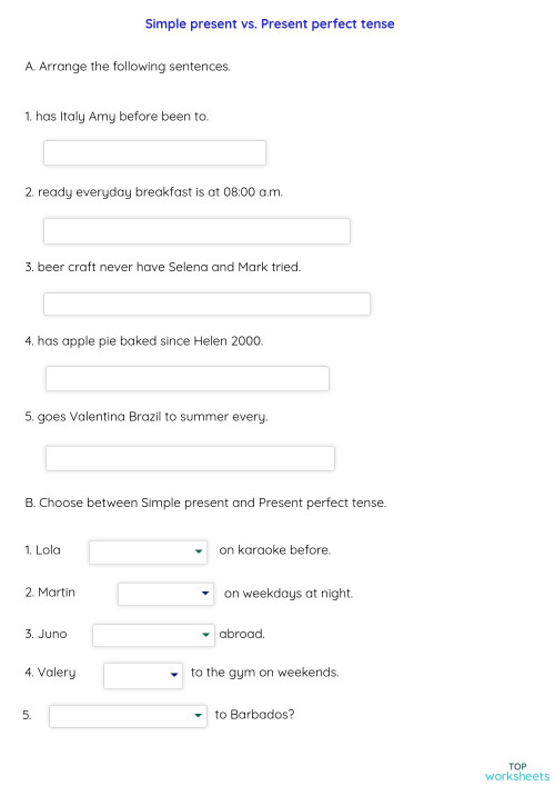 Simple present vs. Presen perfect. Interactive worksheet | TopWorksheets