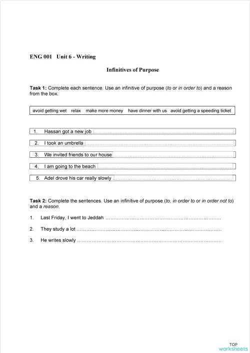 Infinitives of Purpose. Interactive worksheet | TopWorksheets