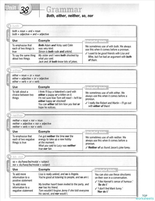 UNIT 38 BOTH EITHER NEITHER SO NOR OR. Interactive worksheet ...