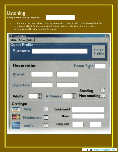 Taking a reservation. Interactive worksheet | TopWorksheets
