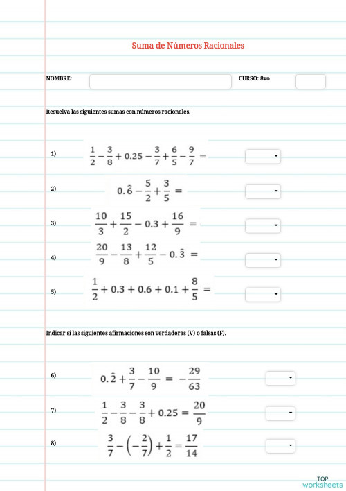 Deber. Suma de Números Racionales. Ficha interactiva | TopWorksheets
