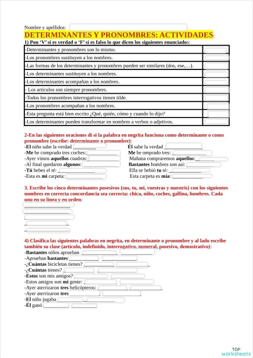 ACTIVIDAD DE DETERMINANTES Y PRONOMBRES. Ficha interactiva | TopWorksheets