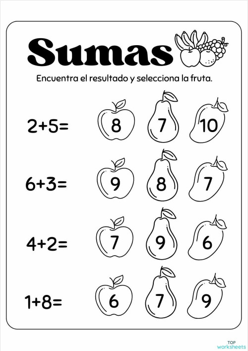 Hoja de Trabajo Sumas Simple Monocromático. Ficha interactiva ...