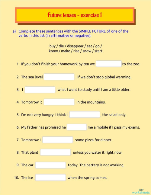 Future tenses exercise 1. Interactive worksheet | TopWorksheets