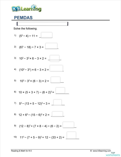 PEMDAS Worksheet 1. Interactive worksheet | TopWorksheets