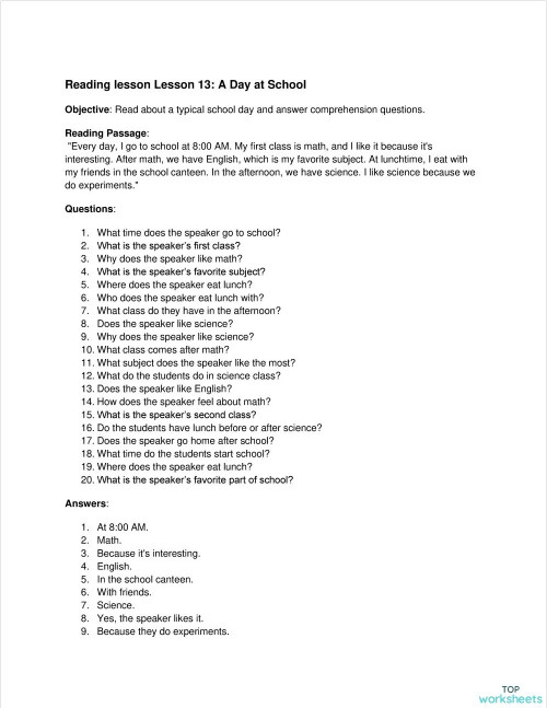A day at school. Interactive worksheet | TopWorksheets