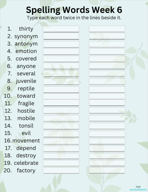 Spelling Words Week 6. Interactive worksheet | TopWorksheets