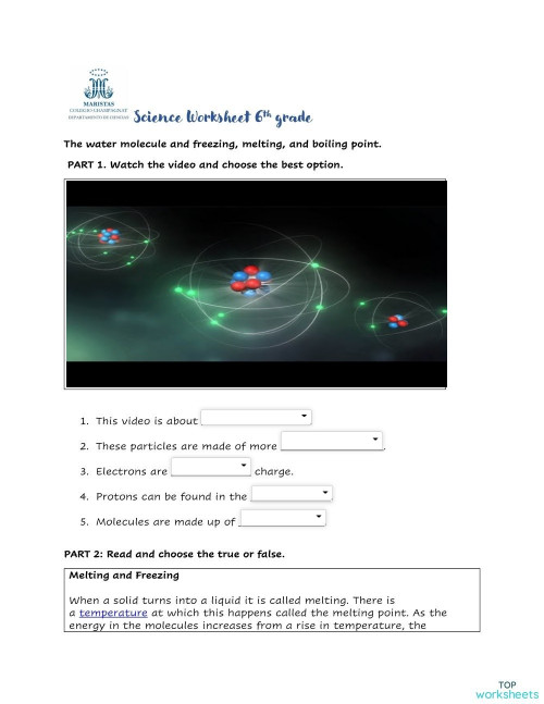 ATOMS, WATER MOLECULE AND ITS POINTS.. Interactive worksheet ...