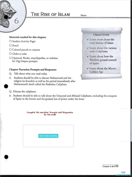 Chapter 6: The Rise of Islam Pg 69-70. Interactive worksheet ...