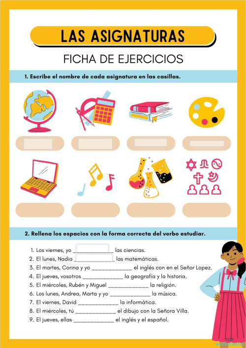 Las Asignaturas Ficha De Ejercicios Amarillo Y Rosa Ilustrativo 1 ...