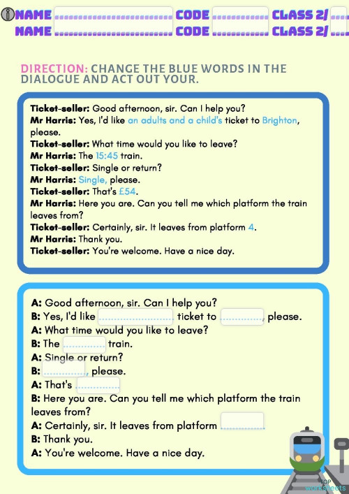 กิจกรรมที่ 3 Buying a Train Ticket. Interactive worksheet | TopWorksheets