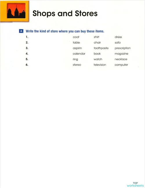 Shops and Stores Beginner Workbook Activity A. Interactive worksheet ...
