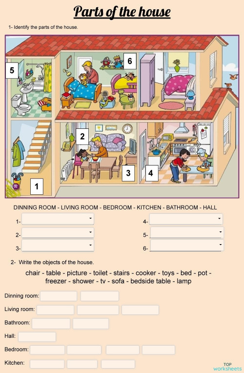 PARTS AND OBJECTS OF THE HOUSE. Ficha interactiva | TopWorksheets