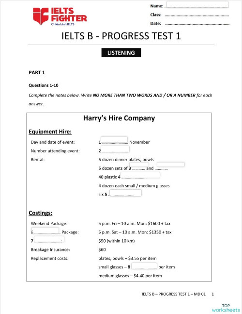 PROGRESS TEST 1 - FIGHTER B - LISTENING. Interactive worksheet ...