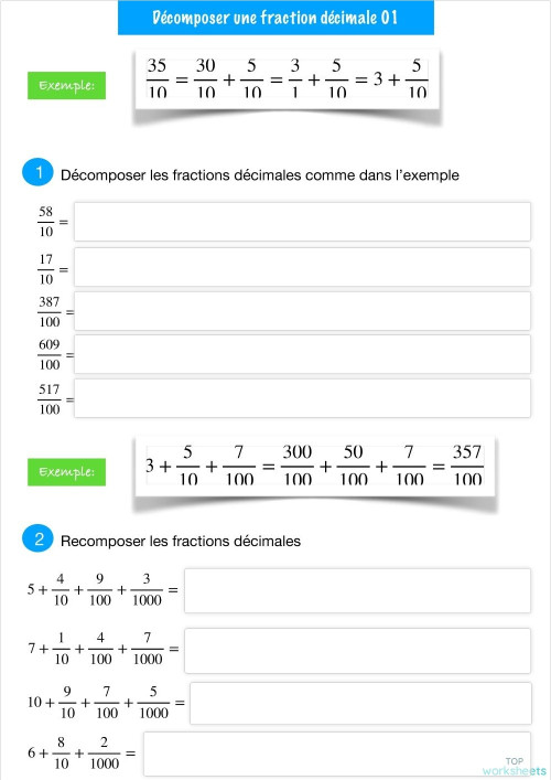 Décomposer une fraction décimale 01. Fiche interactive | TopWorksheets