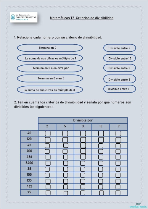 Criterios de divisibilidad. Ficha interactiva | TopWorksheets