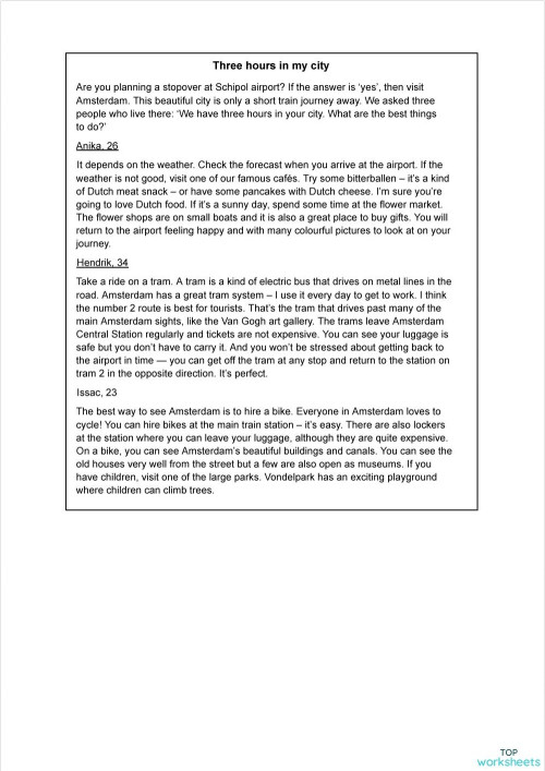 COMTE- THREE HOURS IN MY CITY A2. Interactive worksheet | TopWorksheets