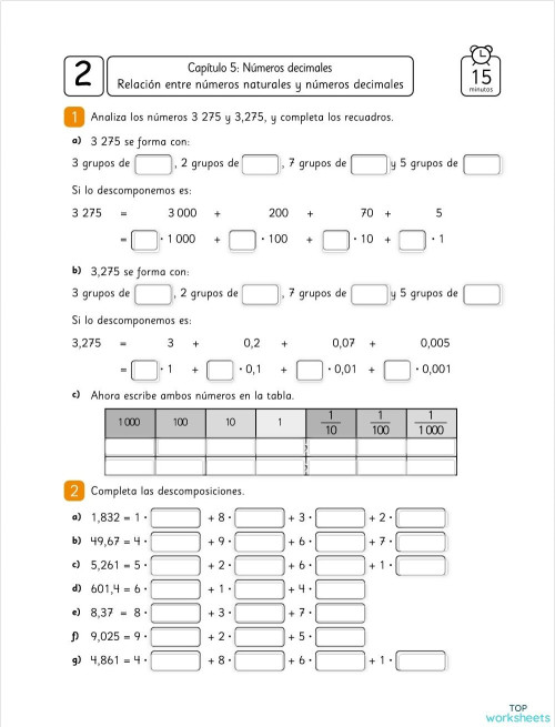 Números decimales: fichas interactivas y ejercicios online | TopWorksheets