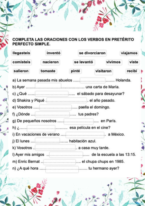 PRETÉRITO PERFECTO SIMPLE. COMPLETA. Ficha interactiva | TopWorksheets