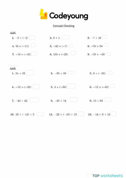 Addition and Subtraction Concept Checking CW. Interactive worksheet ...